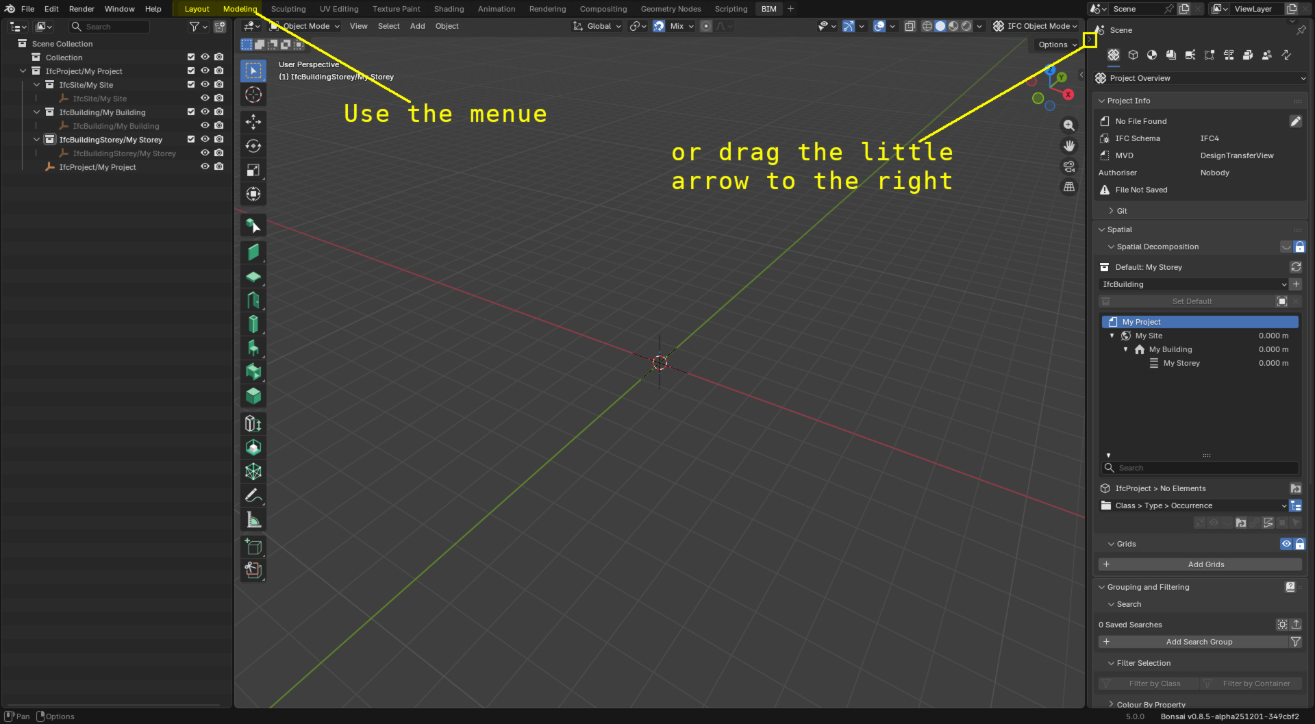 toggling the Bonsai BIM right side panel off or move to see the blender ...