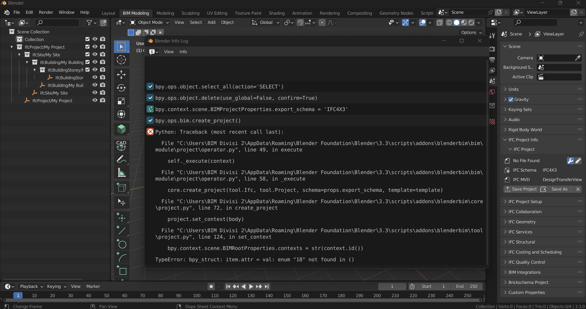  BlenderBIM Error On Creating Blank Project Of IFC 4 3 OSArch